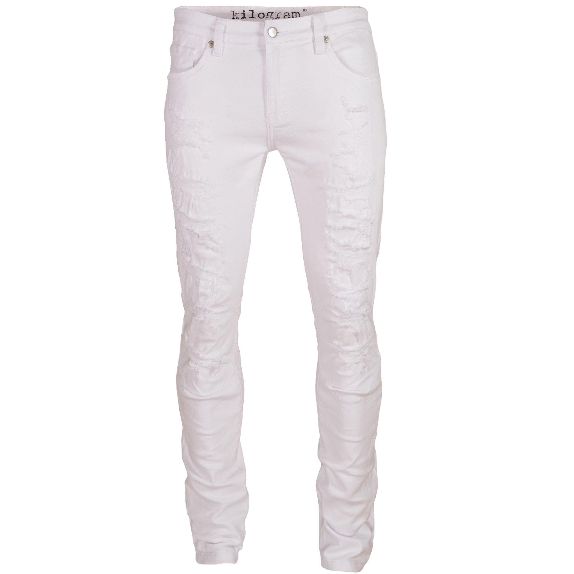 Kilogram Men\'s Pure White Rip And Repair Slim Fit Jeans View 1